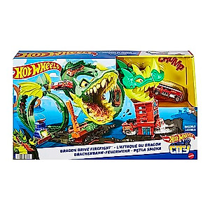 Hot Wheels Toy Car Track Set City Dragon Drive Firefight & 1:64 Scale Toy Firetruck, Connects to Other Sets