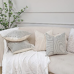 Hckot Black and Beige Patchwork Farmhouse Throw Pillow Covers 18 x 18 Inch, Pack of 2 Striped Linen Decorative Pillow Case for Sofa Couch Chair Bedroom Modern Decor(Black)