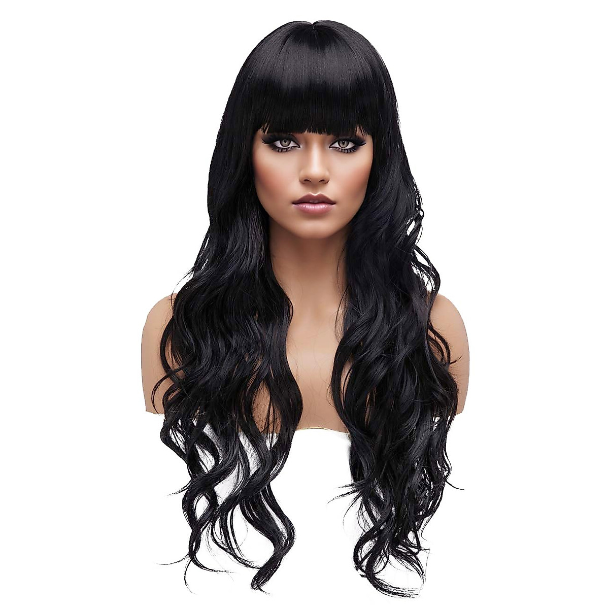 BESTUNG Long Curly Wavy Wigs for Women Ladies Synthetic Full Hair Natural Black Brunette Wig with Straight Bangs for Daily Wear (Straight Bangs, Black)