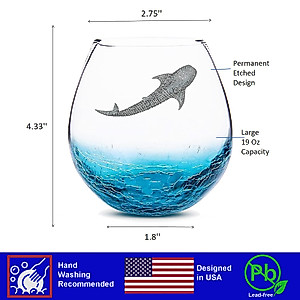 Valentines Day Gifts from Daughter, Whale Shark Handmade Engraved Crackle Stemless Wine Glass 18 Ounces Hawaiian Gifts for Women