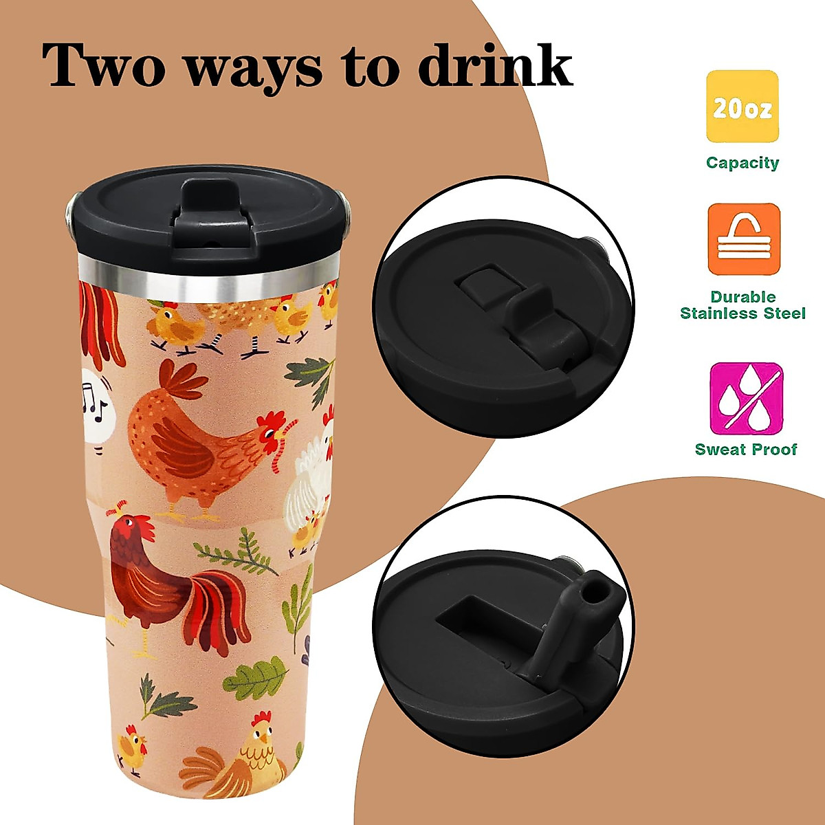 Chicken Tumbler with Handle and Straw, Stainless Steel Vacuum Insulated Flip Straw 30 oz Chicken Tumbler Spill Proof Coffee Travel Mug Chicken Gifts for Women