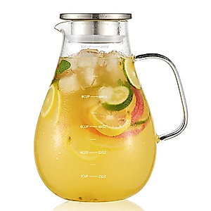 Glass Pitcher, 85oz Water Pitcher with Lid and Precise Scale Line, 18/8 Stainless Steel Iced Tea Pitcher, Easy Clean Heat Resistant Borosilicate Glass Jug for Juice, Milk, Cold or Hot Beverages
