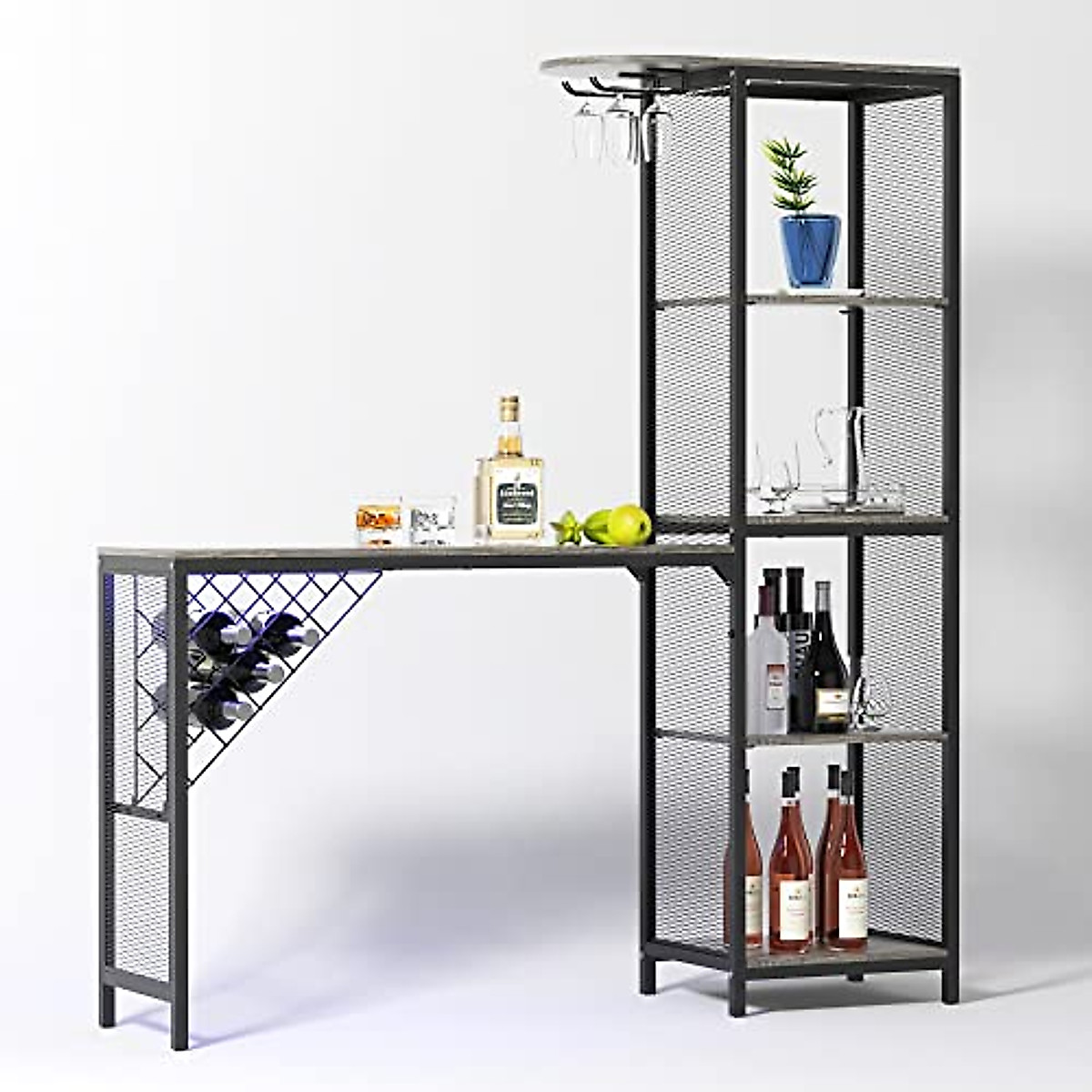 QNICE LED Lights Bar Table with Shelves/Modern Kitchen Counter Height Dining Table/Lounge or Dining Room Storage Pub Table/Dark Rustic Oak/Easy Assembly