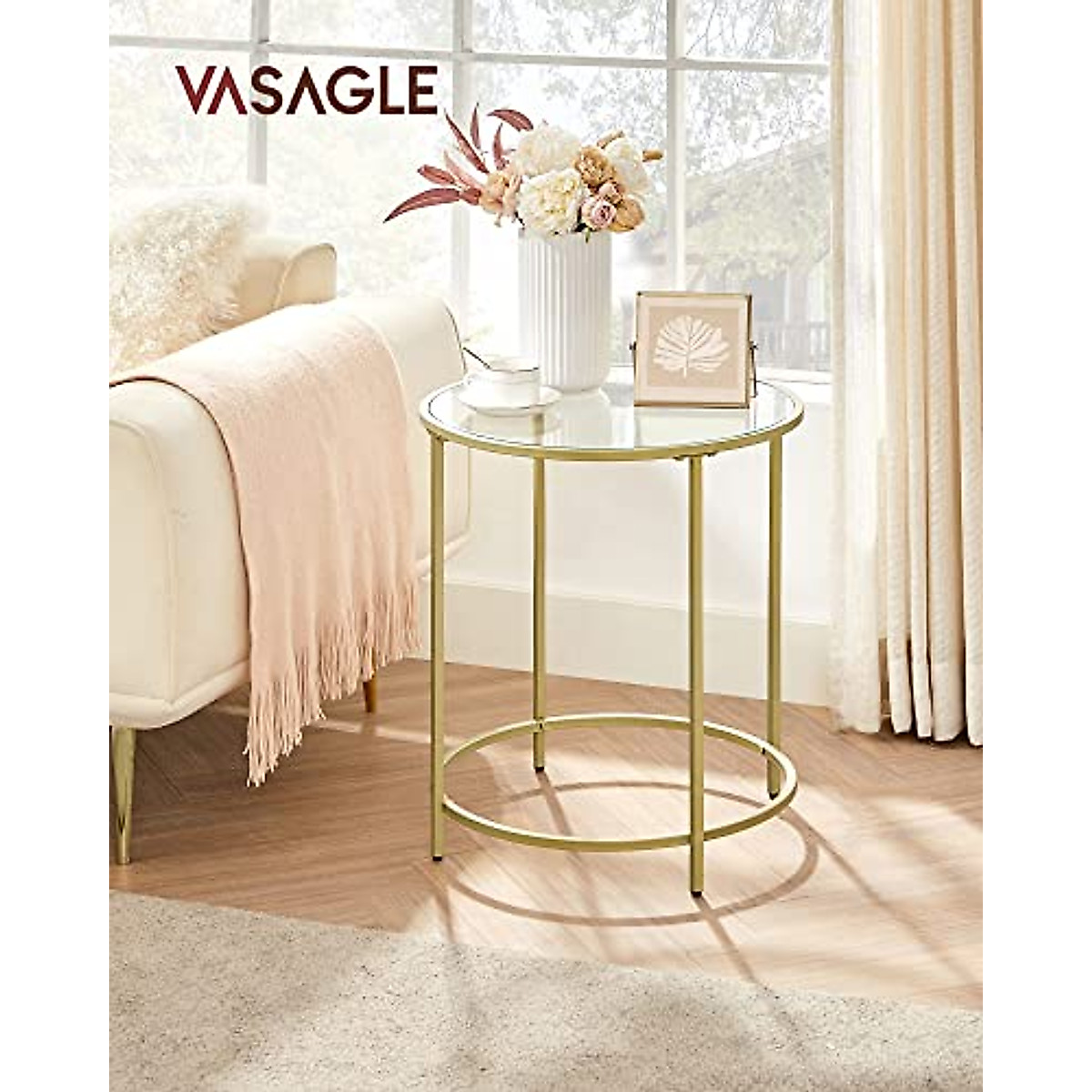 VASAGLE Round Side Table, Glass End Table with Metal Frame, Gold Coffee Table with Modern Style, for Living Room, Balcony, Bedroom, Gold Color