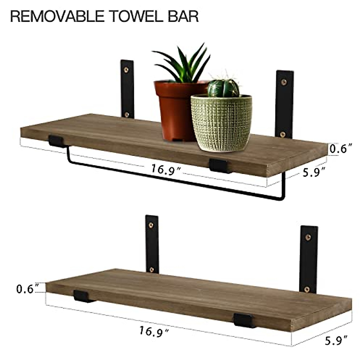 Vppiis Floating Shelves for Bedroom Bathroom, Nature Wood Wall Mounted Book Shelf, Wall Shelves Storage for Living Room Kitchen Office with Towel Rack and 2 Hooks Set of 4