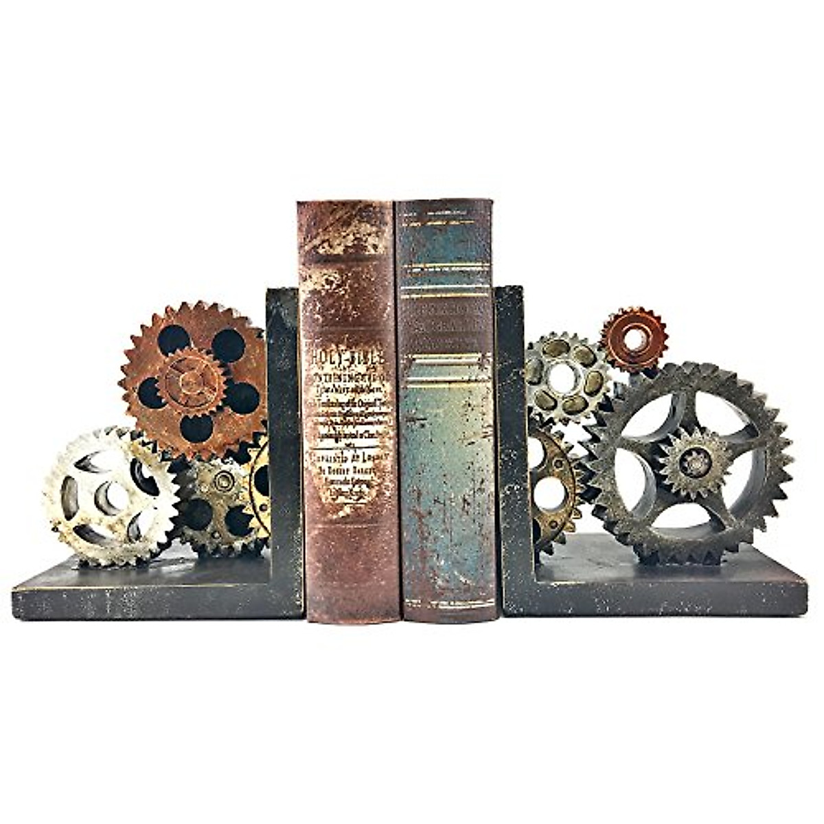 Bellaa 20881 Decorative Bookends Gear Book Shelves Stoppers Holder Nonskid Shelf Heavy Ends Supports Vintage Industrial Modern Art Home Decor Statues Sculptures 6 inch