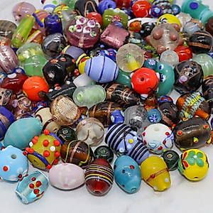 Fun-Weevz Assorted Glass Beads for Jewelry Making Adults, Bulk Glass Beads for Crafts, Lampwork Murano Bead Mix for Bracelets and Necklaces,Crafting Beads Supplies Kit, Large & Small Beads