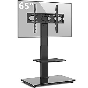 Rfiver Universal Swivel Floor TV Stand with Mount for 32-65 Inch Flat Screens/Curved TVs up to 110 lbs, Tall TV Stand with Black Tempered Glass Base and 2-Tier Storage Shelves, Height Adjustable
