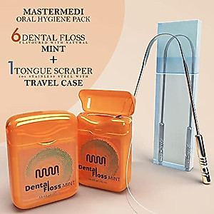MasterMedi Mint Dental Floss for Bad Breath Treatment, Pack of 6, 50 M Dental Floss Waxed for Effective Plaque Removal & Fresh Breath | 1 pc Tongue Scraper with Travel Case for Complete Oral Care