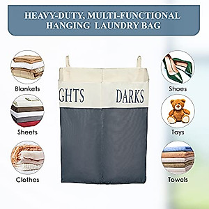 The Fine Living Co. X-Large Two Compartments Hanging Laundry Hamper with Over Door Hooks, Durable Space Saving Laundry Bag Storage with Bottom Zipper, Wide Open Top Dark/Light Compartment(25"x10"x31")