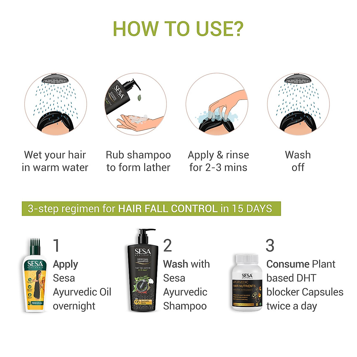 SESA Ayurvedic Medicinal Shampoo Hairfall Control Anti Dandruff Shampoo Infused with 17 Ayurvedic Herbs Smooth & Shiny Hair For Men & Women - 500 ml or 16.90 oz