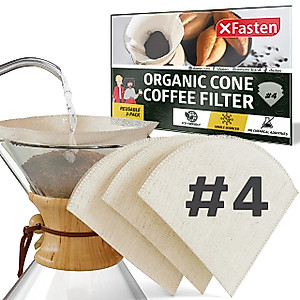 XFasten Organic Hemp Cloth Cone Coffee Filters No. 4 3-Pack Unbleached Cloth Reusable Coffee Filters 8-12 Cup; Compatible with Chemex and V60 Coffee Makers | Reusable Pour Over Number 4 Coffee Filters