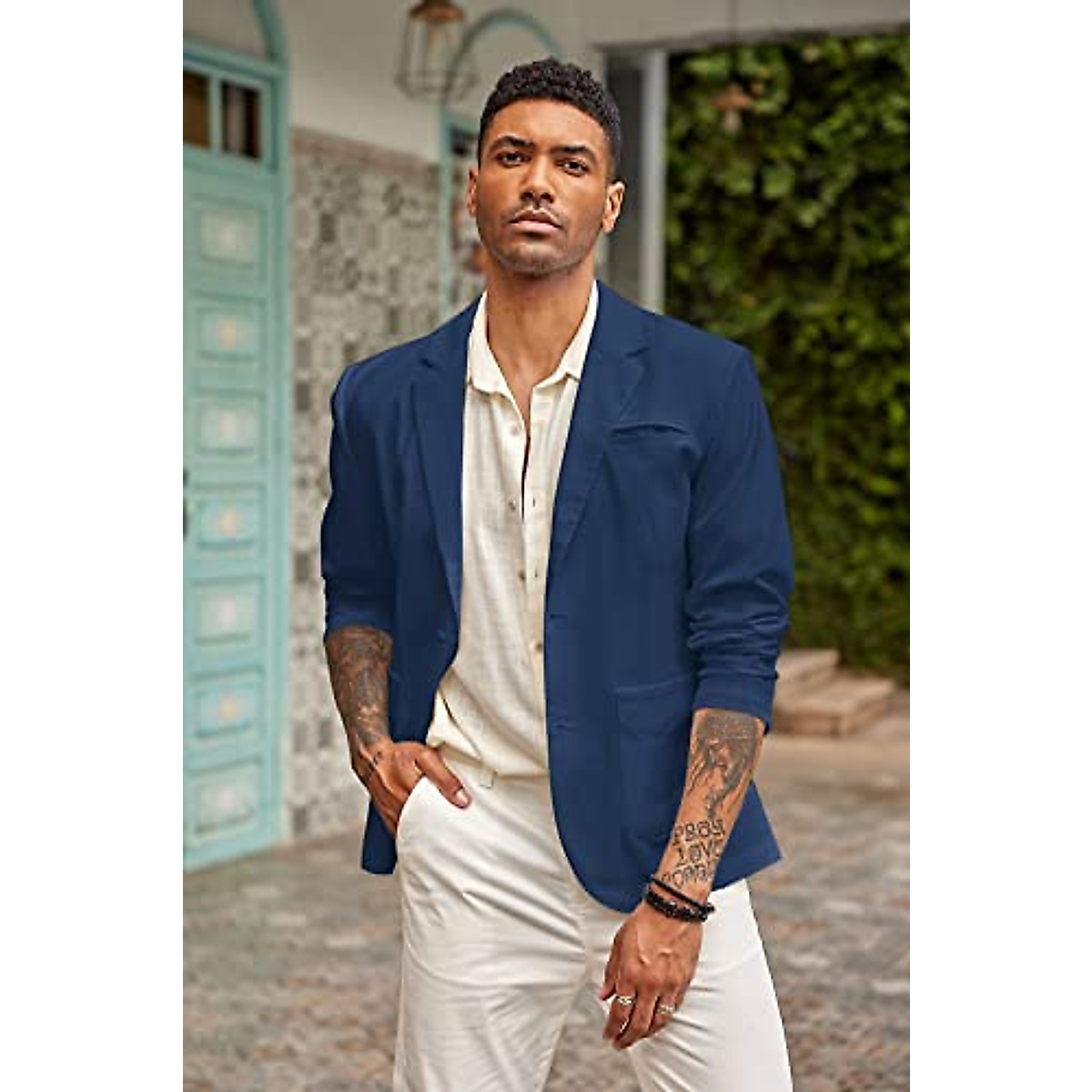 COOFANDY Men's Navy Blazer Casual Linen Sport Coat Lightweight Two Buttons Suit Jacket