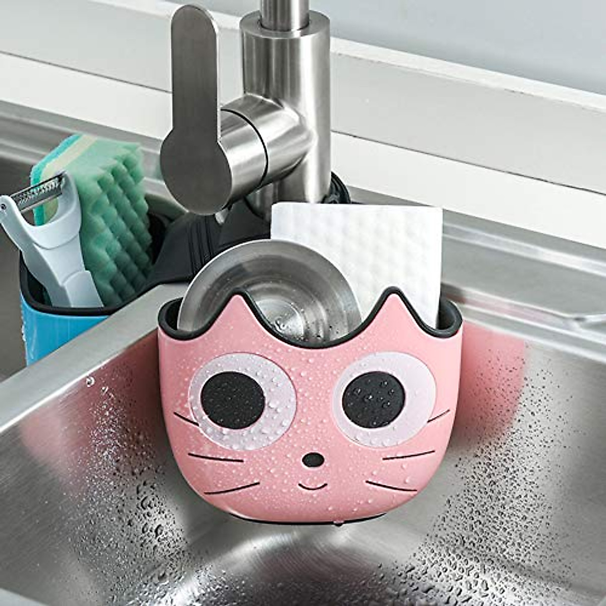 QTMY 2 PACK Sponge Holder Basket with Buckle,Sink Faucet Caddy Hanging Drain Rack, Gadget Soap Brush Desk Pen Organizer for Kitchen Bathroom,Pink Green