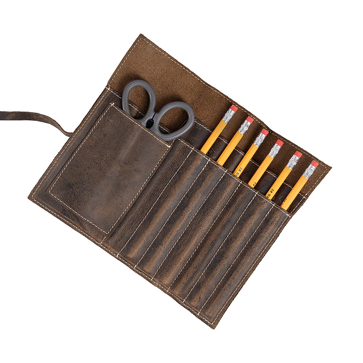 KomalC Genuine Leather Pen Case & Pencil Holder – Artisan Leather Stationery Roll/Foldable Pouch for Artists