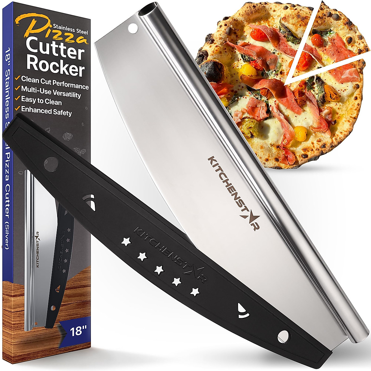 18" Pizza Cutter Rocker Blade by KitchenStar - Sharp Stainless Steel Slicer Knife w Protective Cover, Dishwasher Safe Pizza Oven Accessories, Silver