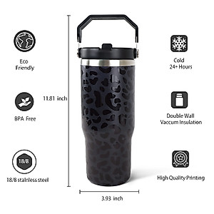 30oz Black Leopard Tumbler with Handle and Straw, Stainless Steel Vacuum Insulated Coffee Tumbler, Travel Mug Water Bottle, Leopard Stuff Accessories Decor, Leopard Gifts for Women