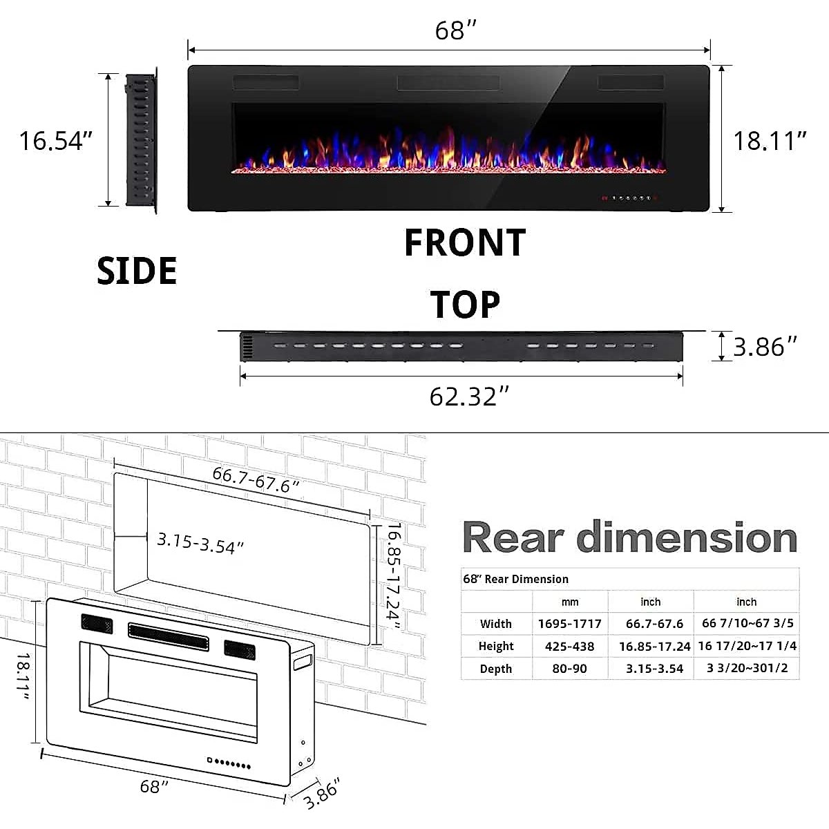 R.W.FLAME 68 inch Recessed and Wall Mounted Electric Fireplace, Ultra Thin and Low Noise,Fit for 2 x 6 Stud, Remote Control with Timer,Touch Screen,Adjustable Flame Color and Speed