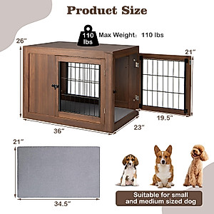 PETSITE Dog Crate Furniture with Cushion, Wooden Dog Crate End Table with Double-Doors, Dog Kennel Indoor, Pet Cage House for Small to Medium Sized Dogs
