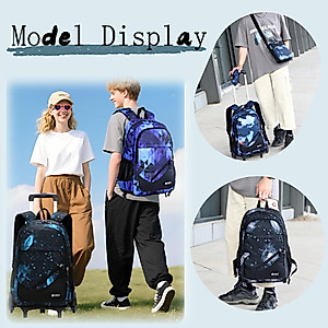 Bansusu 3Pcs Black Galaxy Primary Middle School Bag Rolling Backpack Set for Elementary Boys Wheeled Bookbag with Six Wheels