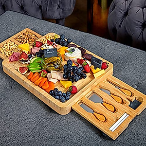 RoyalHouse Unique Bamboo Cheese Board and Knife Set with 2 Slide-Out Cutlery Drawers - Charcuterie Boards Set & Cheese Platter - Ideal Anniversary, Wedding and Housewarming Gift