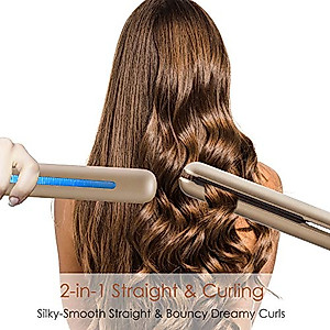 NITION Professional Salon Hair Straightener Argan Oil Tourmaline Ceramic Titanium Straightening Flat Iron for Healthy Styling,LCD 265°F-450°F,2-in-1 Curling Iron for All Hair Type,Gold,1 inch Plate