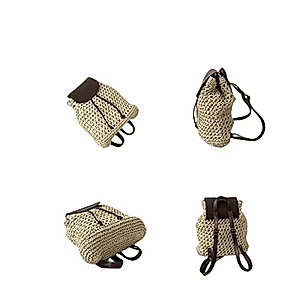 WIGUYUN Straw Crochet Backpack Purse Casual Beach Holiday Shoulders Bag Woven Flap Drawstring Daypack Beige