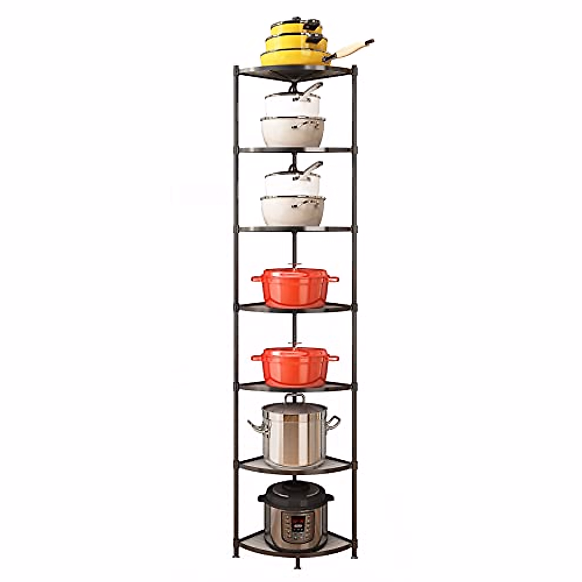 ZIGAMA 7-Tier Kitchen Corner Shelf Adjustable Pot Rack, Cookware Free Standing Storage Organizer ，Pot and Pans Tower Metal Shelves for Kitchen