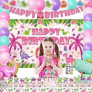 Mpanwen Girl Dinosaur Birthday Party Supplies, Pink Dinosaur Dino Party Decorations for Girls Baby - Backdrop, Banner, Cake, Cupcake Toppers, Cupcakes Wrappers, Balloons and Tablecloth