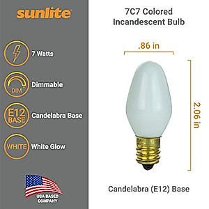Sunlite 01059 7C7 Incandescent Bulb, 7 Watt, Candelabra E12 Base, C7 Small Night Light, Colored Bulb, White, 12 Count