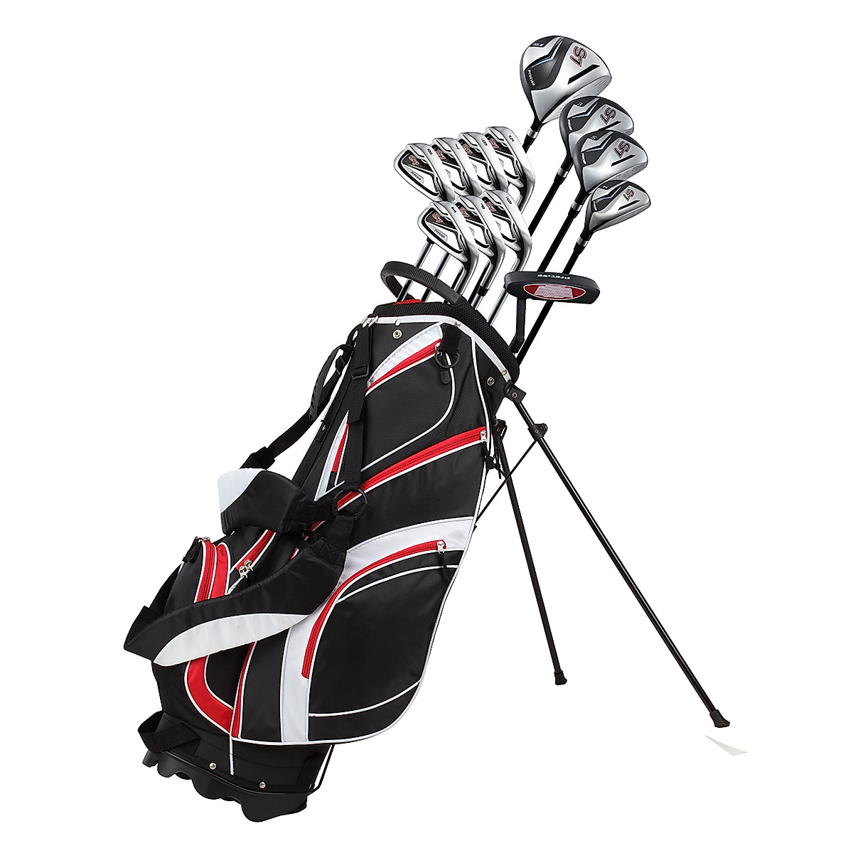 18 Piece Men's Complete Golf Club Package Set With Titanium Driver, #3 & #5 Fairway Woods, #4 Hybrid, 5-SW Irons, Putter, Stand Bag, 4 H/C's (Red, Regular Size)