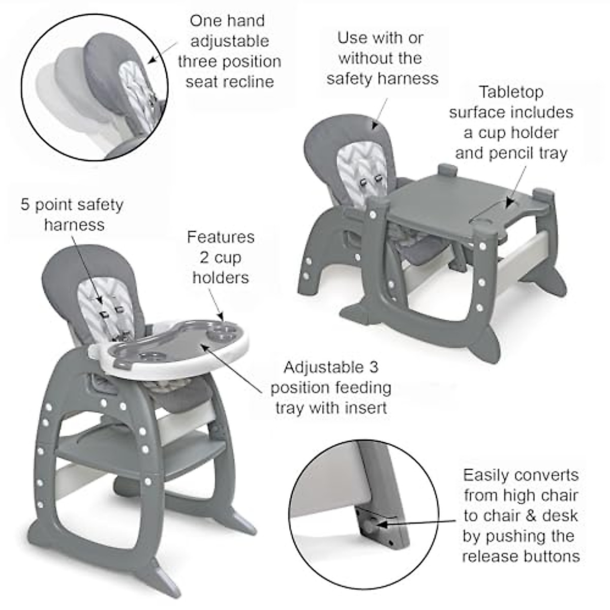 Badger Basket Envee II Baby High Chair with Playtable Conversion – Gray Chevron, 5-Point Harness, Dishwasher Safe Tray, Machine Washable Cushion
