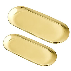Dobbyby 2 Pack Gold Tray Decorative, Jewelry Dish Bathroom Vanity Tray Small Serving Tray Candle Holder Stainless Steel Cosmetics Tray Perfume Tray, Gold, 12"+9"