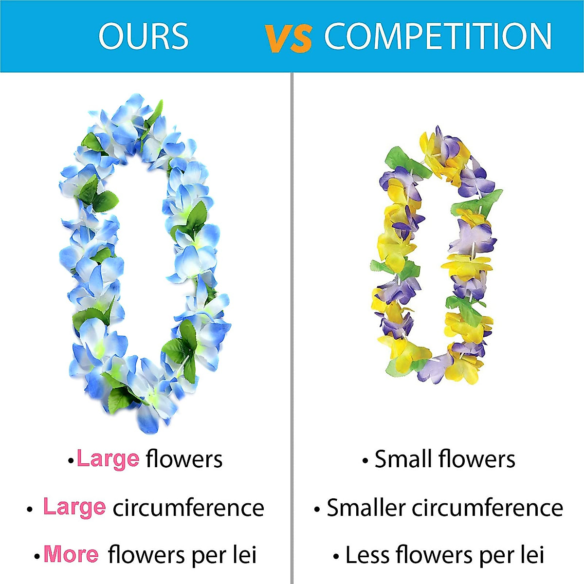 6 Pcs Thicken 41 Inch Hawaiian Leis with Green Leaves, 3 Color Lei for Graduation Party, Dance Party, Photo Prop in Outdoors(New 3 colors)