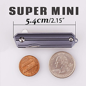 Samior HY003 Mini Samurai Keychain Pocket Folding Knife, 1.45 inches Small Flipper with D2 Tanto Blade, Blue Titanium Handle with Frame Lock Necklace Lanyard EDC Knives