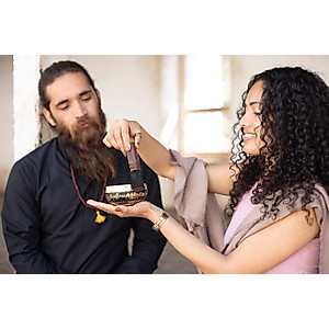 Tibetan Singing Bowl Set Bronze - Master Healing Grade - With Tibetan Thangka Art - Pure Tone By HIMALAYAN BAZAAR (Black & Yellow)