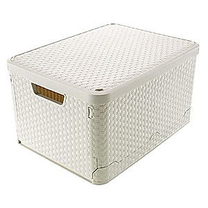 Folding and Stackable Storage Bin with Lid | Organizer Storage Box, 30 Liter, Set of 3, Beige