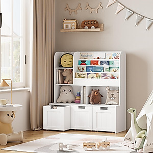 GarveeHome Large Toy Storage Organizer with 3 Movable Drawers,Kid's Bookshelf with 4 Storage Cubbies and 4 Layer Sling Bookcase,Toy Chest for Kids Room,Playroom,Classroom,Nursery, White