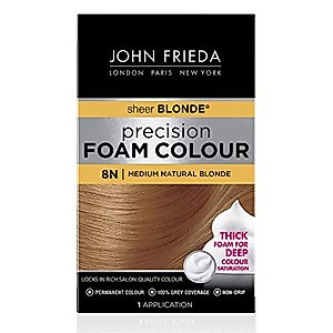 John Frieda Precision Foam Colour, Medium Natural Blonde 8N, Full-Coverage Hair Color Kit, Anti-Fade Gray Coverage, Deep Color Saturation Hair Dye, 1 Application