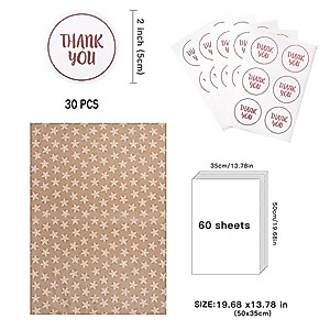 LeZakaa 60 Sheets Tissue Paper Bulk & 30 Pcs "Thank You" Sticker - Rose Gold Color with Star Pattern for Christmas, Birthday, Holiday (13.8 inch x 19.7 inch)