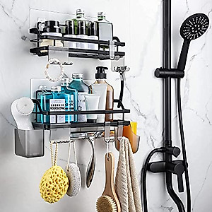 UDTAVZ Shower Caddy 2 Pack, No Drilling Shower Organizer, Shower Baskets for inside Shower, Adhesive Shower Shelves with 10 Hooks for Shampoo Soap Towel, Matte Black