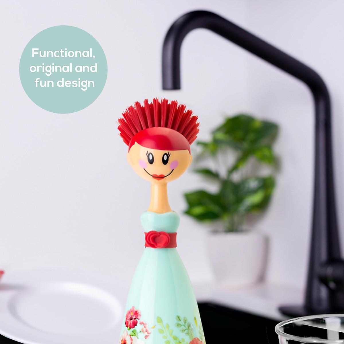 Vigar Dolls Dish Brush with Ergonomic Handle and Dres-Shaped Storage Holder - Scrub Brush for Pans, Pots, Kitchen Sink Cleaning, Blue/Pink