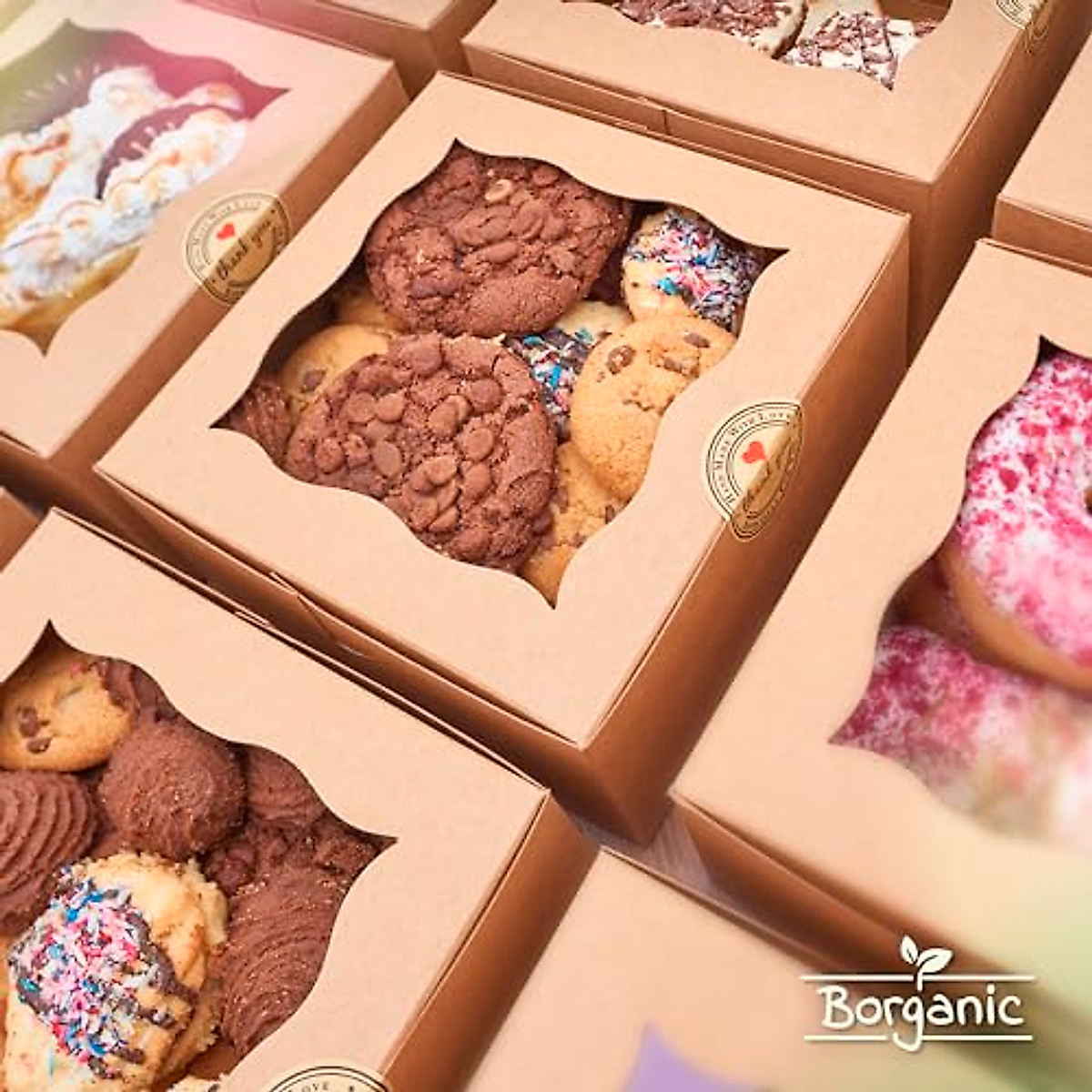 BORGANIC Cookie Boxes For Packaging - The Strongest 6x6x3 Cookie Boxes With Window [50 Pack] - Oil Resistant Cookie Boxes - Premium Bakery Boxes With Window - Cookie Boxes For Gift Giving