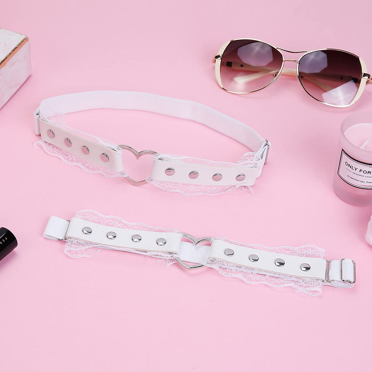 alisikee 2Pcs Adjustable Lace Heart-Shaped Thigh Garter, Elastic Leg Garters for Women, White