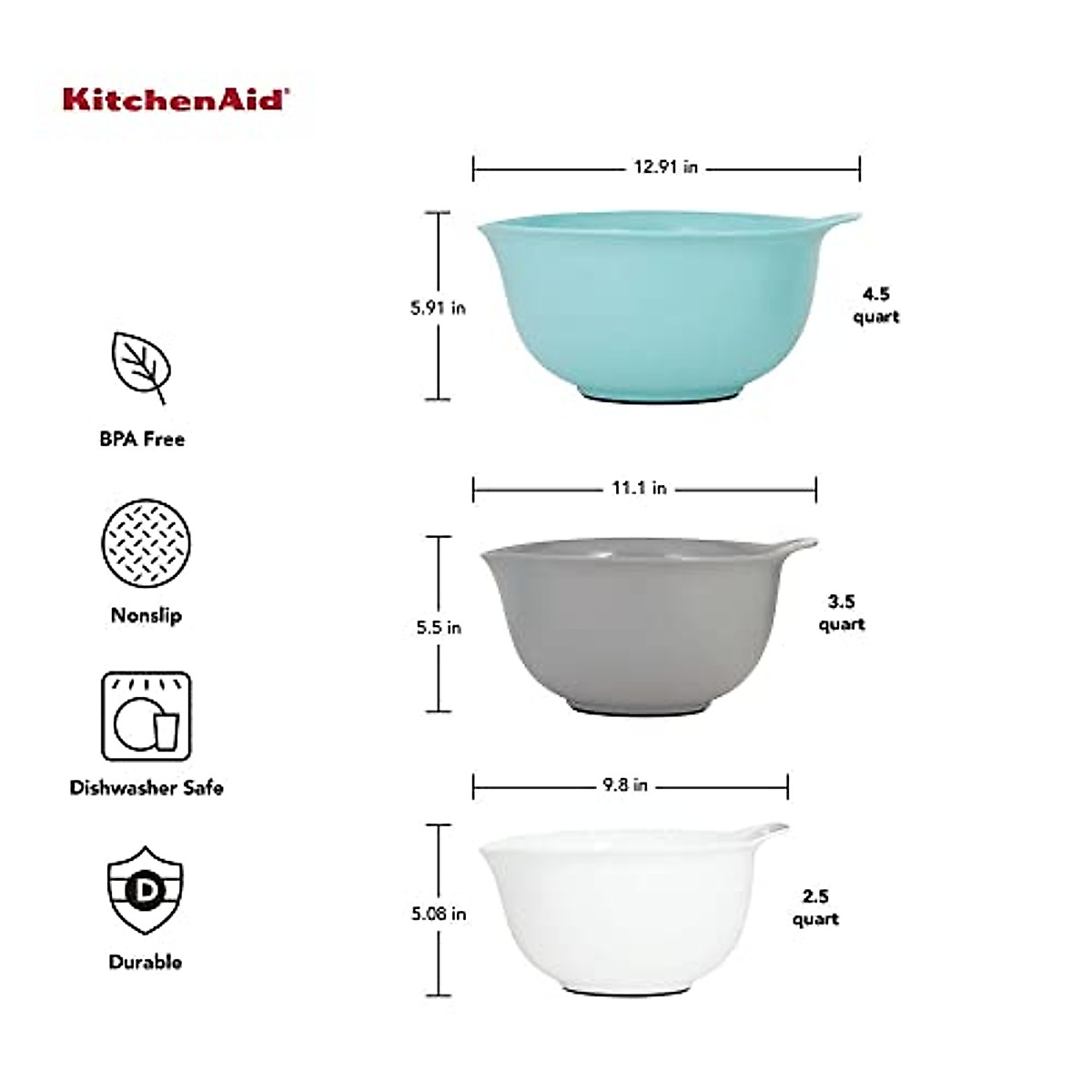 KitchenAid Universal Silicone Mixing Bowls, Set Of 3, Aqua Sky White Gray