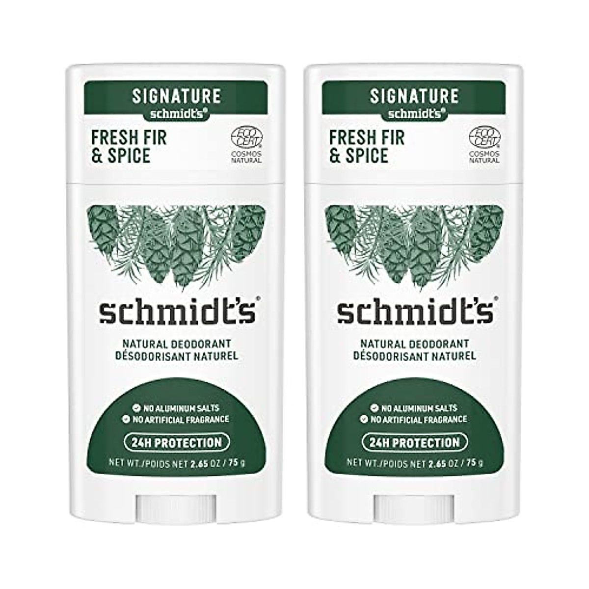 Schmidt's Aluminum Free Natural Deodorant Fresh Fir & Spice 2-pk for Women and Men, with 24 Hour Odor Protection, Certified Natural, Cruelty Free, Vegan Deodorant 2.65oz