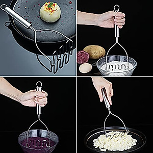 Potato Masher, Stainless Steel Heavy Duty Metal Potato Ricer With Mirror Polish, Food Masher Utensil, Hand Masher, Vegetables Fruits Mashe, Dishwasher Safe (9.6 Inch)
