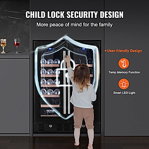 VEVOR 24" Cooler for Wines & Drinks, Holds 78 Cans & 20 Bottles, Dual Zone, Tempered Glass, Digital Temperature Settings, Blue Lighting, Safety Lock, Install Anywhere, ETL Certified