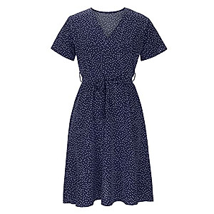 Women Casual Dress Summer Dress V Neck Solid Color Polka Dot Print Dress Short Sleeve Lace Up Tie Sexy Plus Size Dresses