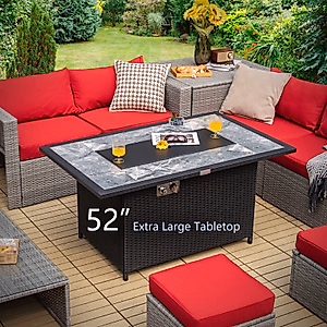 Tangkula 52 Inches Wicker Patio Propane Fire Pit Table, Patiojoy 50,000 BTU Outdoor Gas Fire Table with Auto-Ignition, Hideaway Tank Holder, Marble Tabletop, Lava Rocks, Protective Cover and Lid